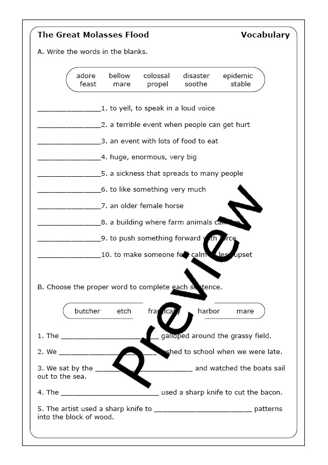 Lauren Tarshis "I Survived the Great Molasses Flood, 1919" worksheets ...