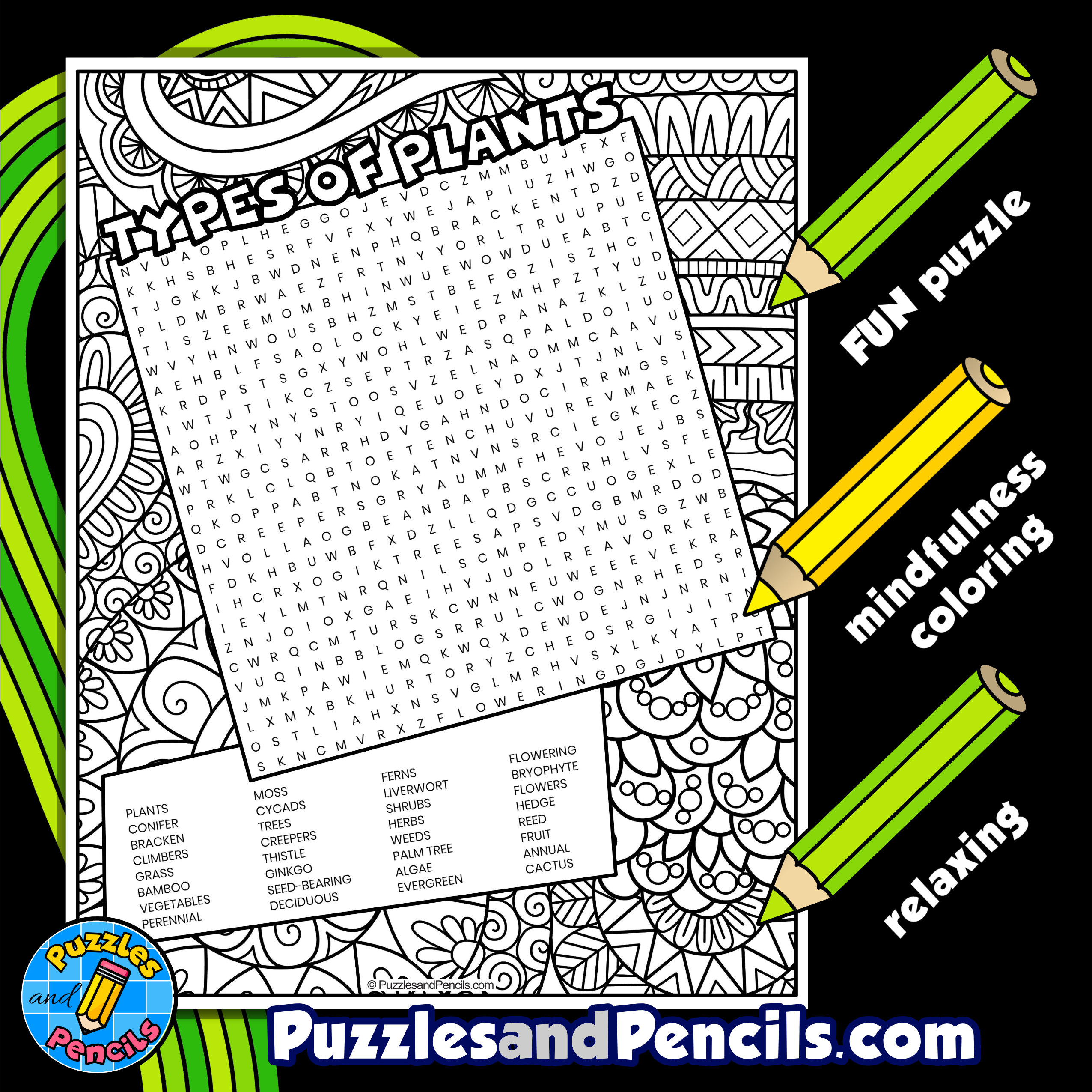 Types of Plants Word Search Puzzle with Coloring | Plant Biology ...
