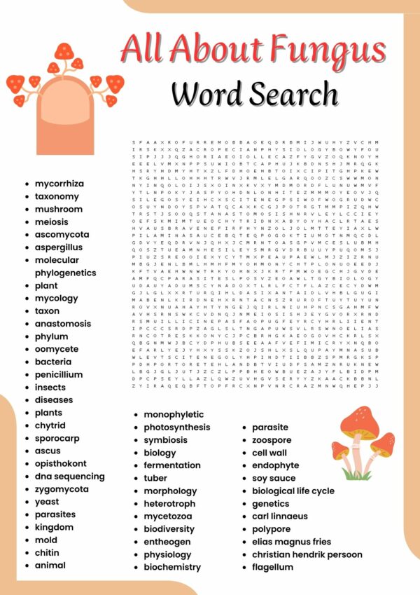 All About Fungus word search Puzzle worksheet activities for kids ...