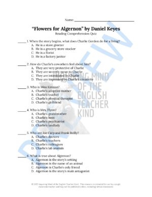 "Flowers for Algernon" by Daniel Keyes Quiz and Answer Key (Short Story ...