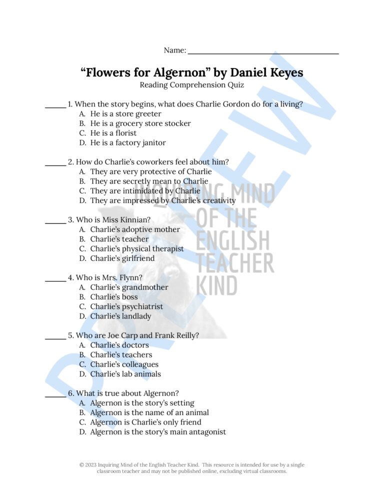 "Flowers for Algernon" by Daniel Keyes Quiz and Answer Key (Short Story ...
