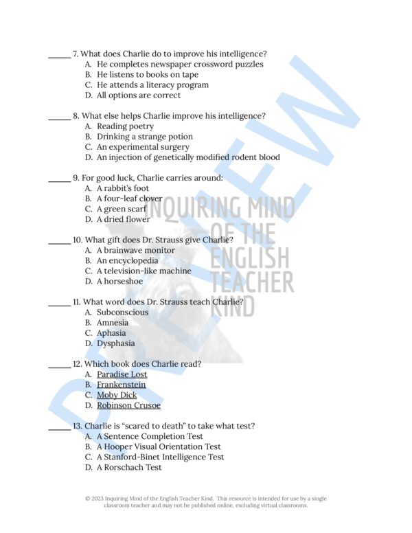 "Flowers for Algernon" by Daniel Keyes Quiz and Answer Key (Short Story ...