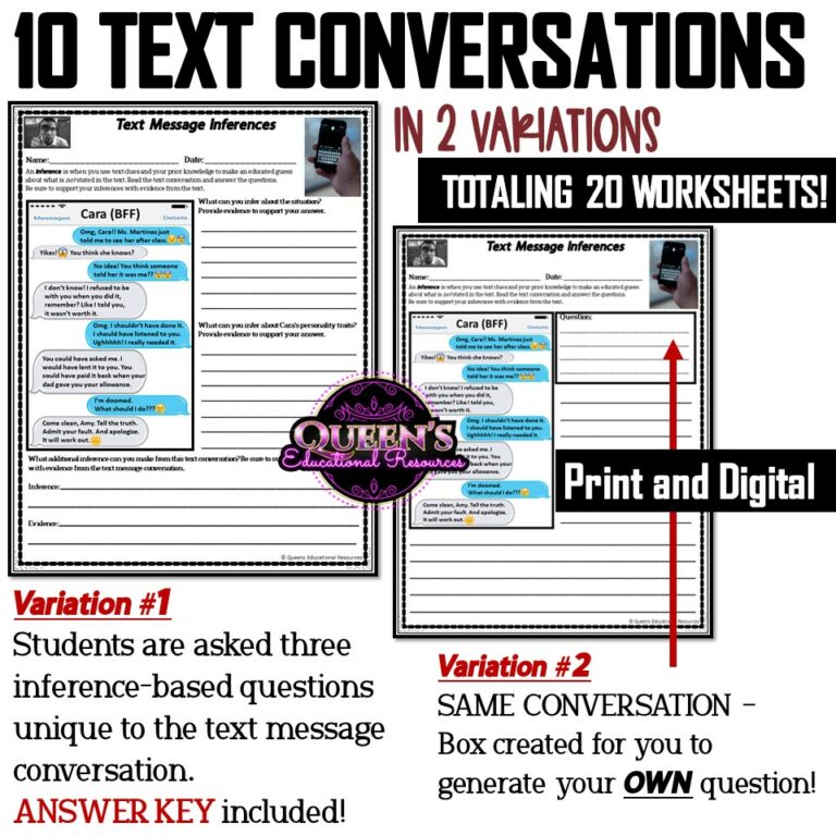 Inference Text Message Analysis and Citing Evidence Activity Worksheets ...
