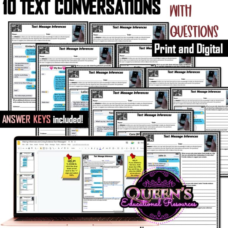 Inference Text Message Analysis and Citing Evidence Activity Worksheets ...