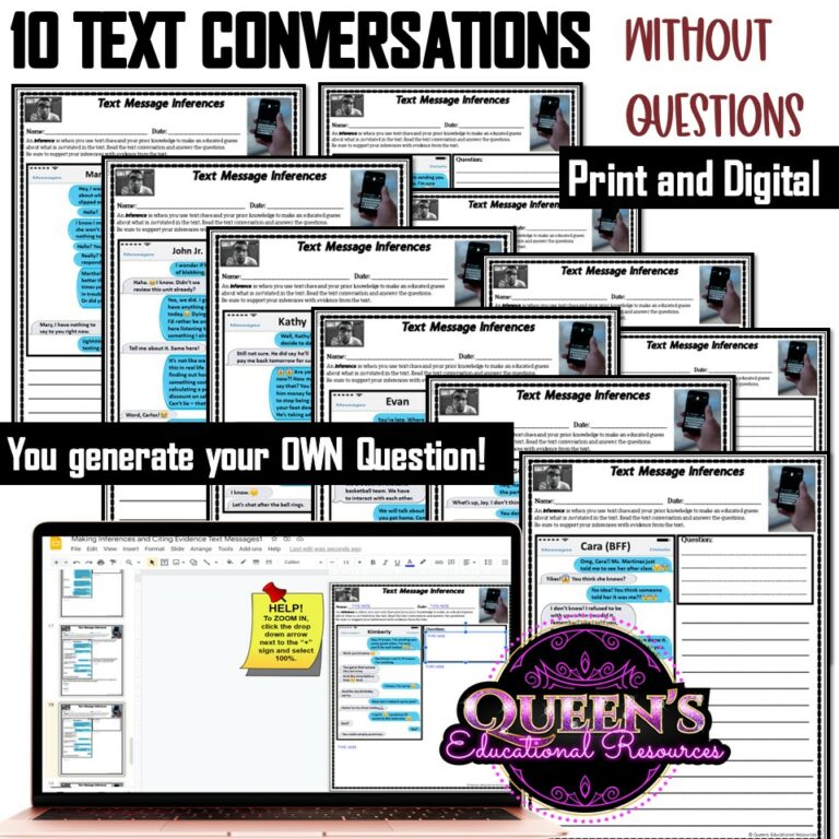 Inference Text Message Analysis and Citing Evidence Activity Worksheets ...
