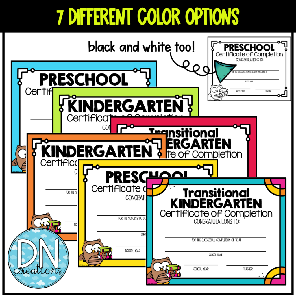 Certificate of Completion for Kindergarten, TK, and Preschool EDITABLE ...