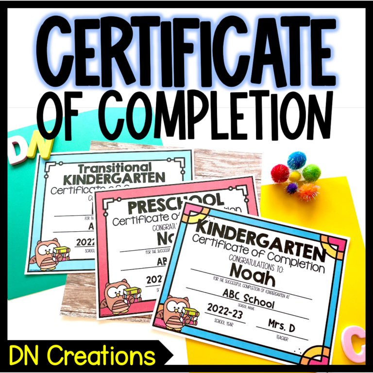 Certificate of Completion for Kindergarten, TK, and Preschool EDITABLE ...