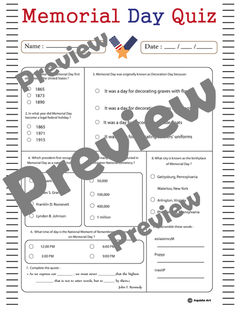 Memorial Day Quiz Worksheet : Test Your students Knowledge | Made By ...