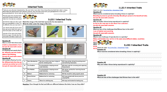 3rd Grade Inherited Traits 3.LS3.1 Activities | Made By Teachers