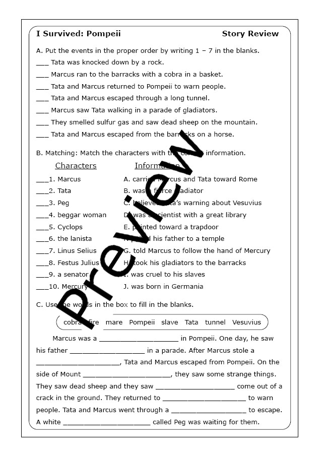 Lauren Tarshis "I Survived the Destruction of Pompeii" worksheets ...