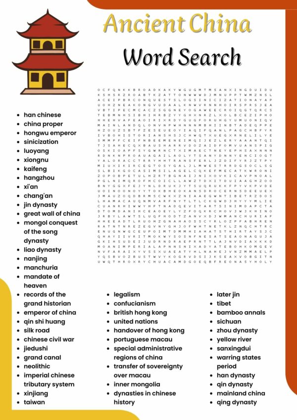 Ancient China word search Puzzle worksheet activities for kids, | Made ...