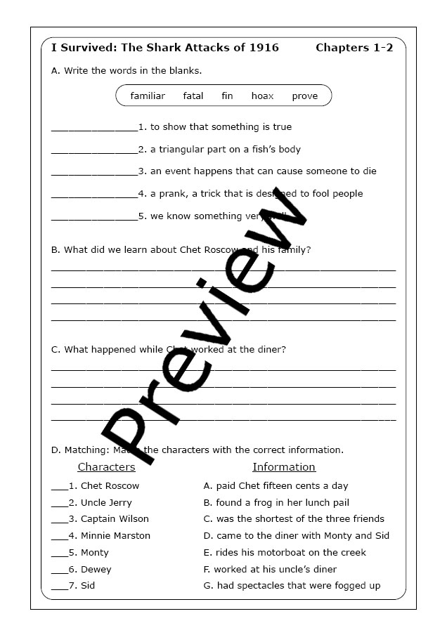 Lauren Tarshis "I Survived the Shark Attacks of 1916" worksheets | Made ...