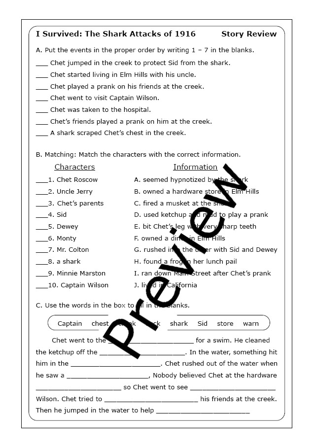 Lauren Tarshis "I Survived the Shark Attacks of 1916" worksheets | Made ...