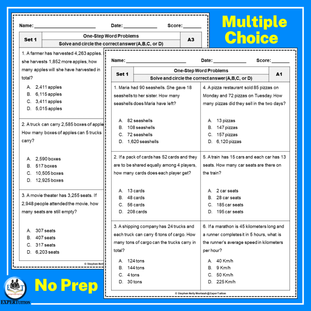 One Step Word Problems Worksheets – Set 1 | Add, Subtract, Multiply or ...