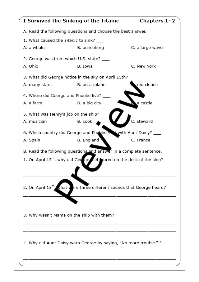 Lauren Tarshis "I Survived the Sinking of the Titanic, 1912" worksheets ...