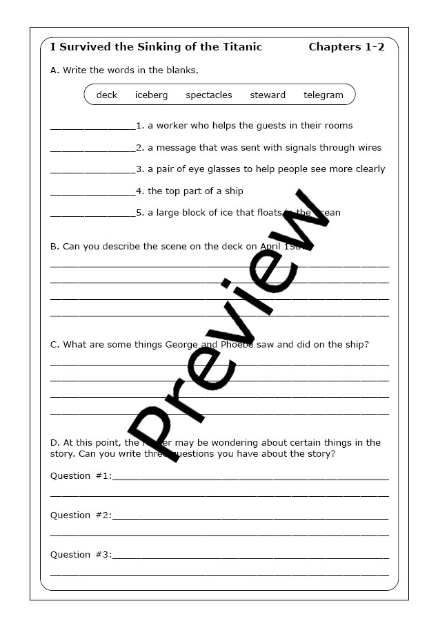 Lauren Tarshis "I Survived the Sinking of the Titanic, 1912" worksheets ...