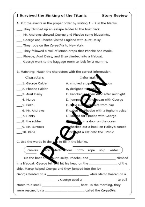 Lauren Tarshis "I Survived the Sinking of the Titanic, 1912" worksheets ...