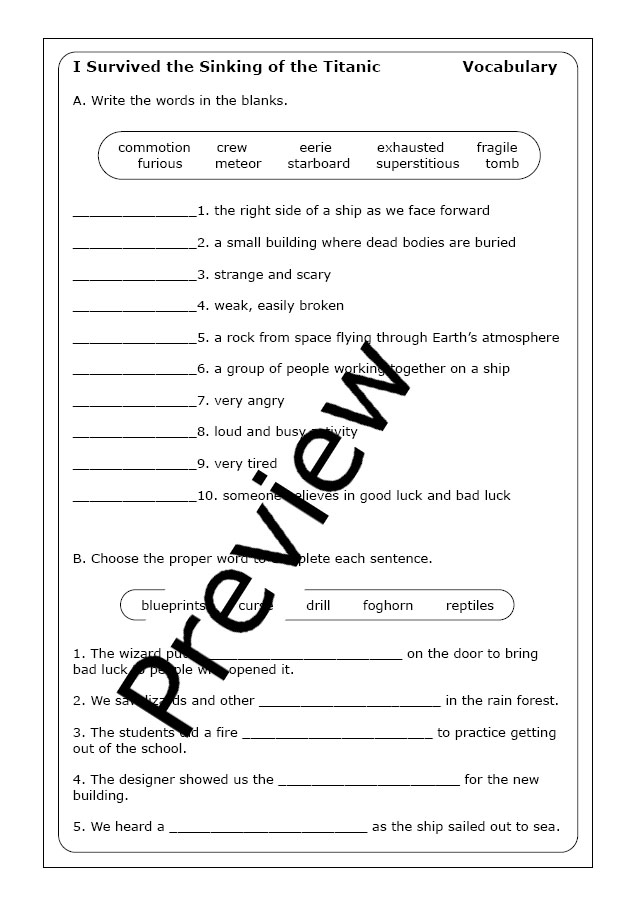 Lauren Tarshis "I Survived the Sinking of the Titanic, 1912" worksheets ...