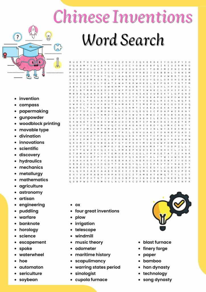Chinese Inventions word search Puzzle worksheet activities for kids ...