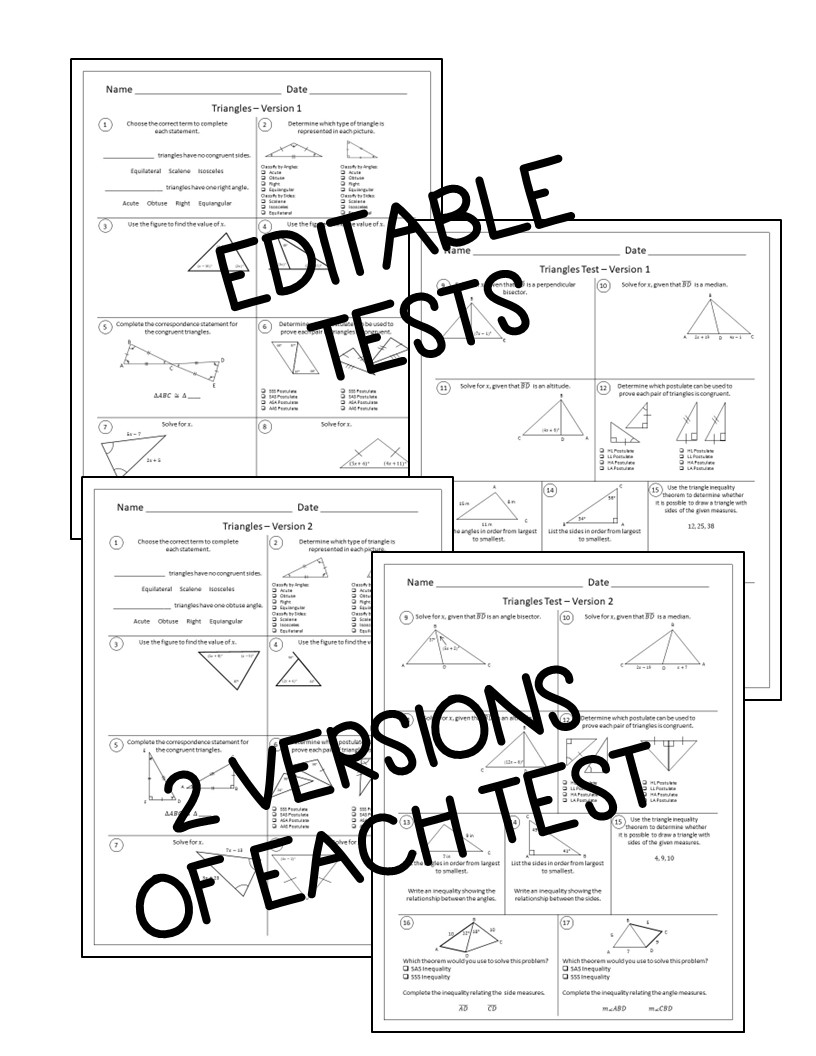 Triangles Tests - Geometry Editable Assessments | Made By Teachers