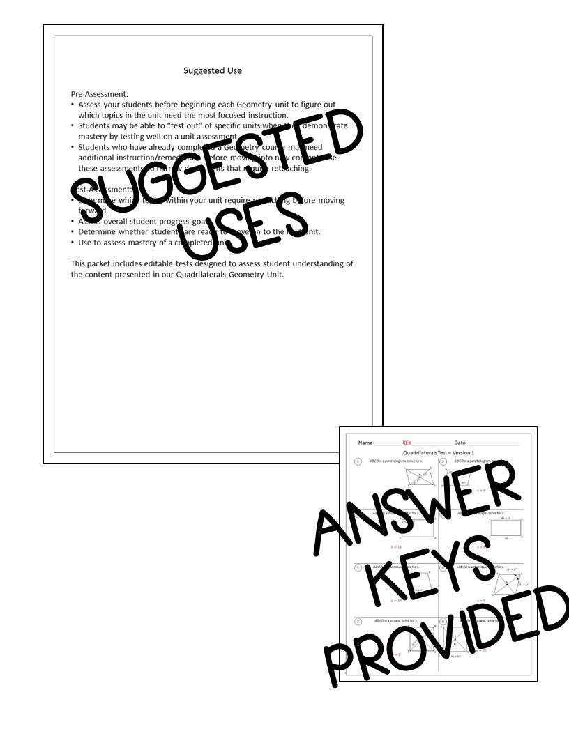 Quadrilaterals Tests - Geometry Editable Assessments | Made By Teachers