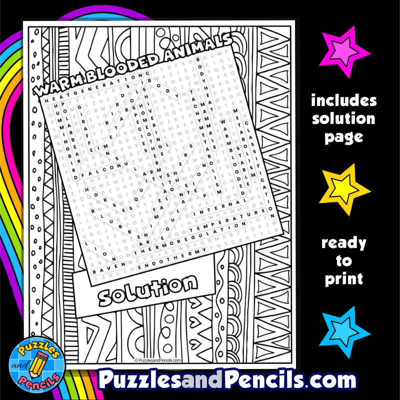 Warm Blooded Animals Word Search Puzzle with Coloring | Animal ...