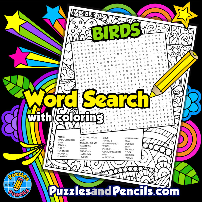 Birds Word Search Puzzle with Coloring | Animal Classification ...