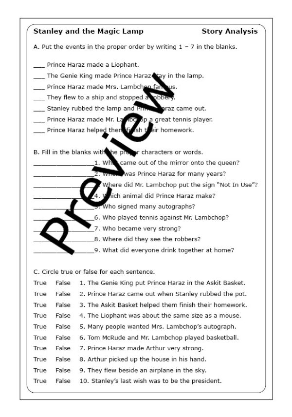 Jeff Brown "Stanley and the Magic Lamp" worksheets | Made By Teachers