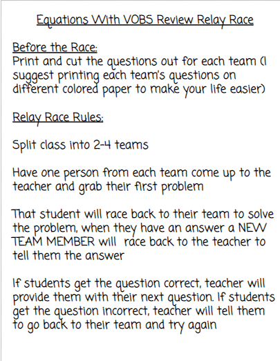 Solving Equations with Variables on Both Sides Relay Race Review Game ...