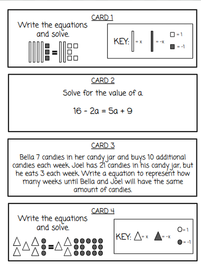 Solving Equations with Variables on Both Sides Relay Race Review Game ...