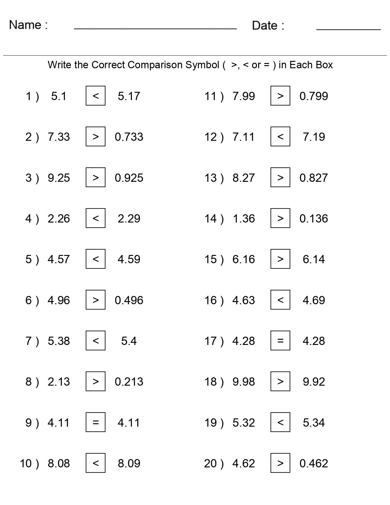 Greater Than Less Than - Comparing Decimal Numbers Worksheets | Made By ...