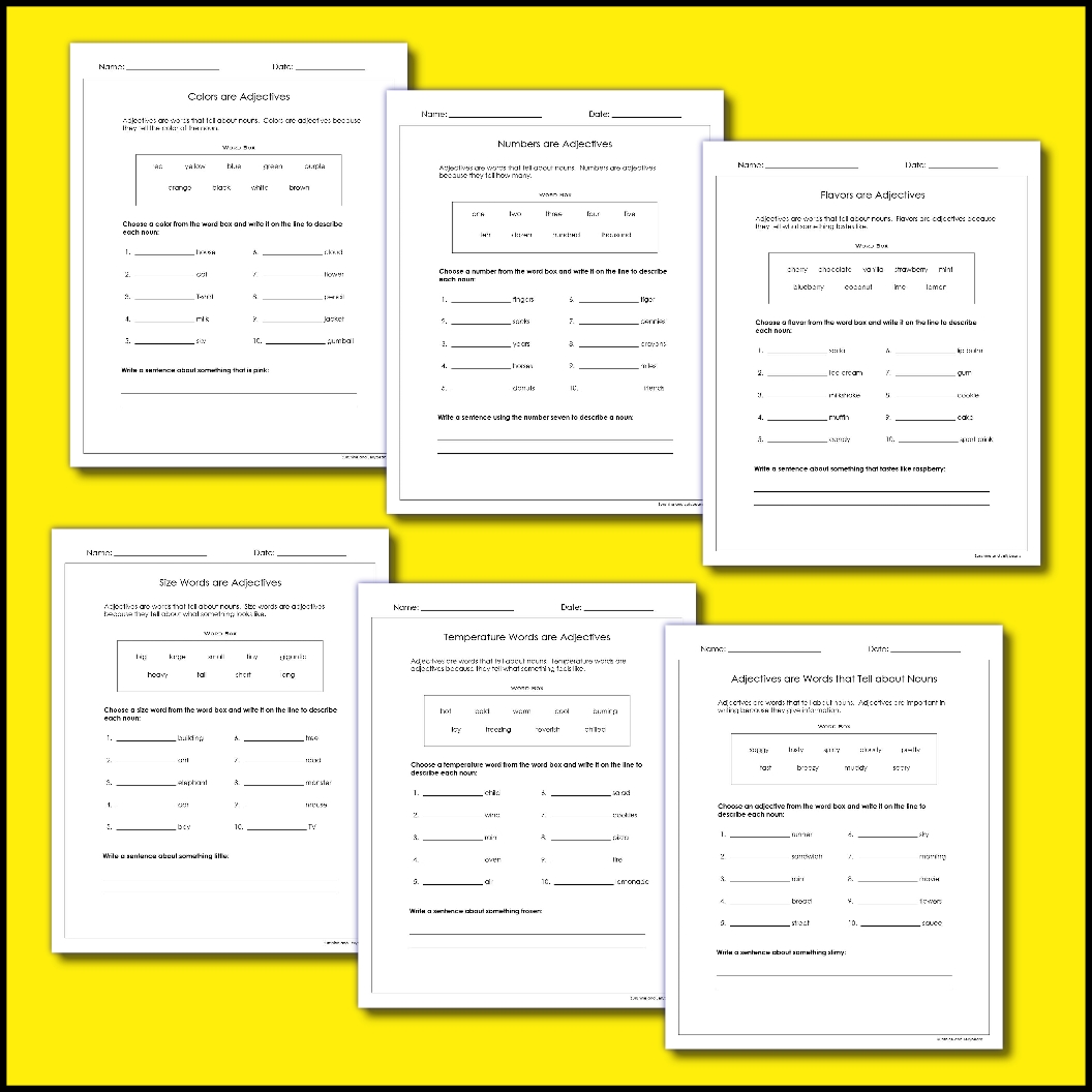 What is an Adjective? - Colors/Numbers/Flavors... 6 worksheets - Grade ...