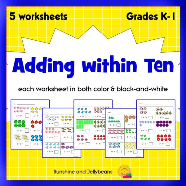 Easy Addition within 10 - K-1 Math - both color & b/w - Great for ...