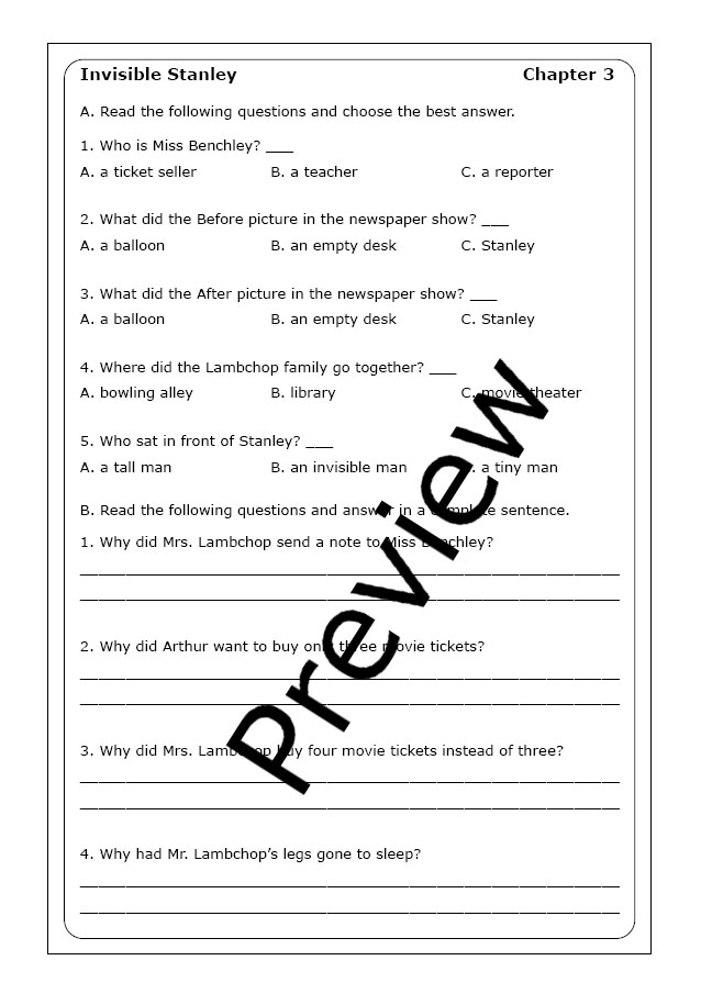 Jeff Brown "Invisible Stanley" worksheets | Made By Teachers