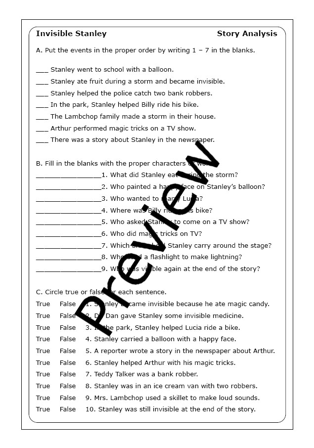 Jeff Brown "Invisible Stanley" worksheets | Made By Teachers