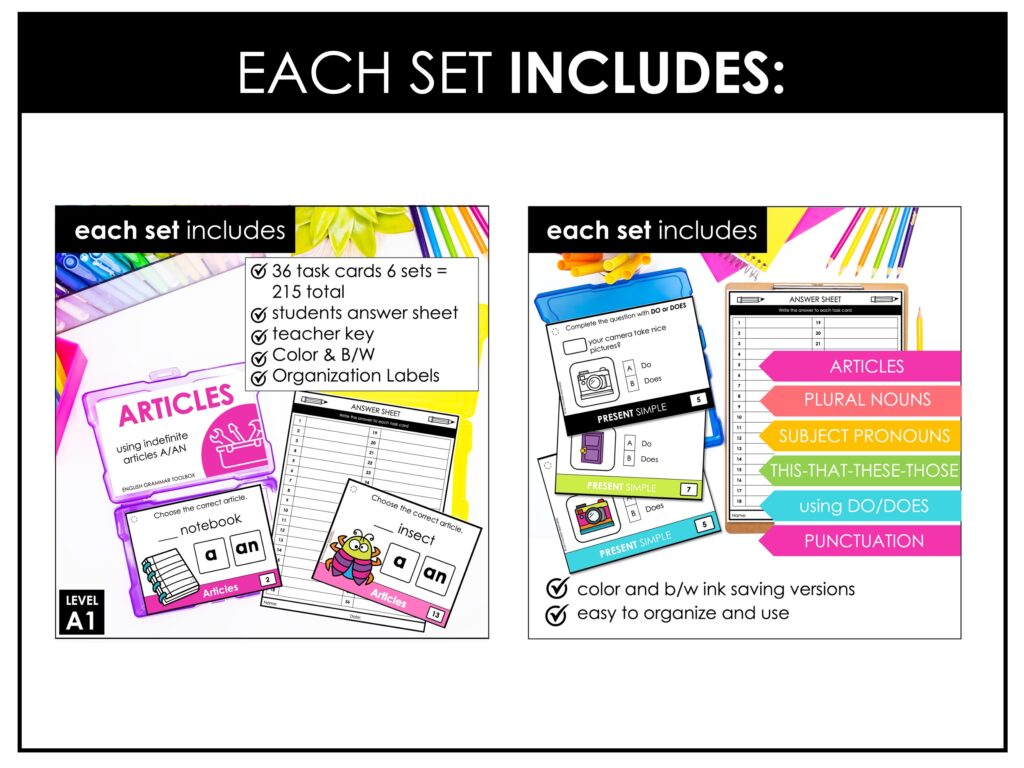 Grammar Task Cards - Beginning Concepts BUNDLE for ESL EFL ELA | Made ...
