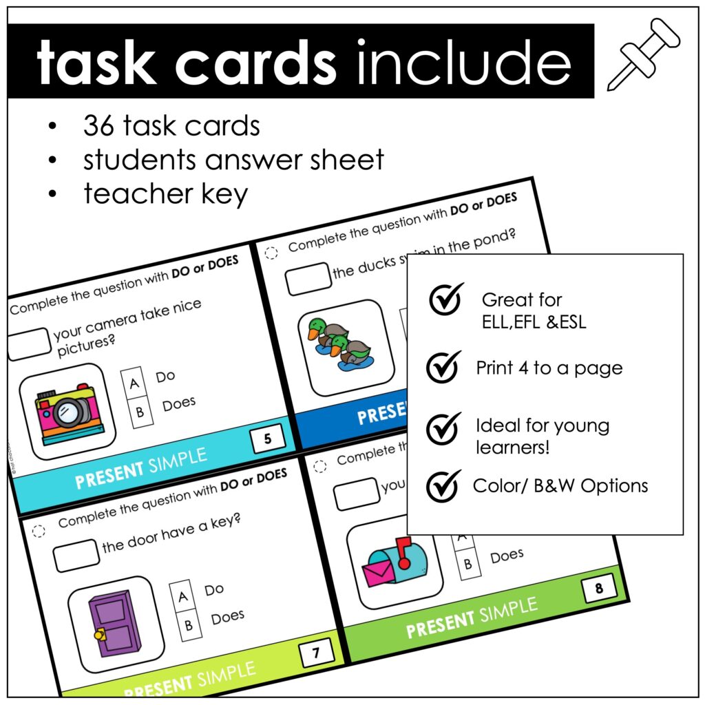 Present Simple Subject Verb Agreement : Do or Does? Task Cards ...
