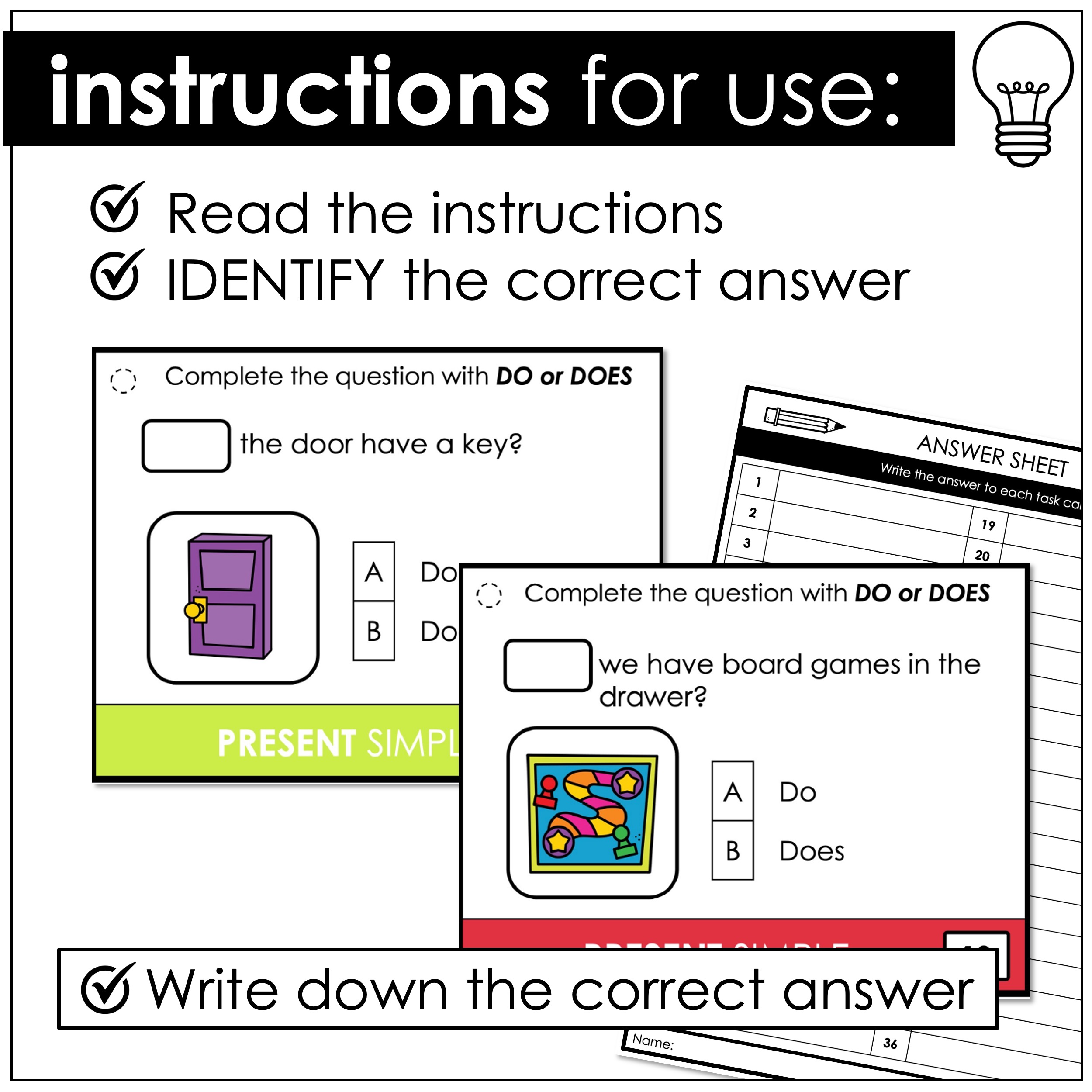 Present Simple Subject Verb Agreement : Do or Does? Task Cards ...