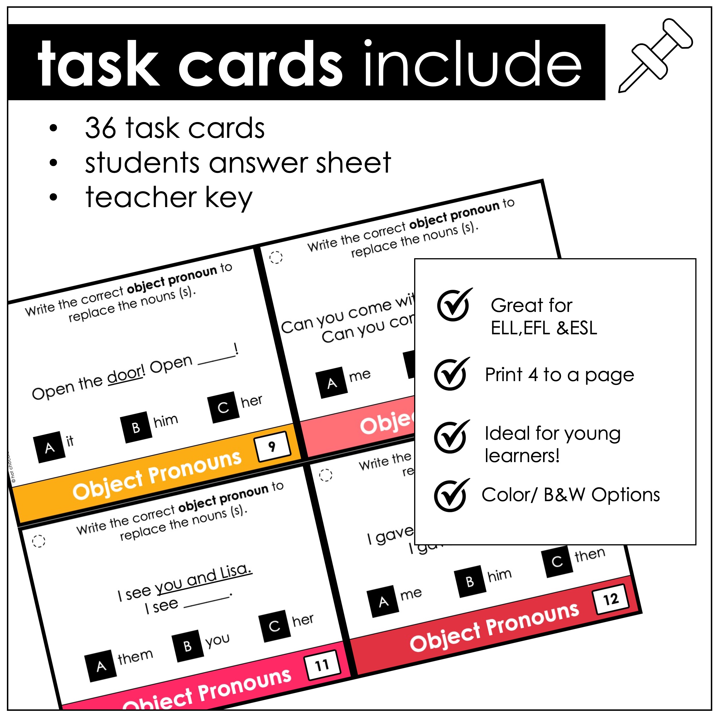 Personal Subject and Object Pronoun Task Cards ESL GRAMMAR TOOLBOX ...