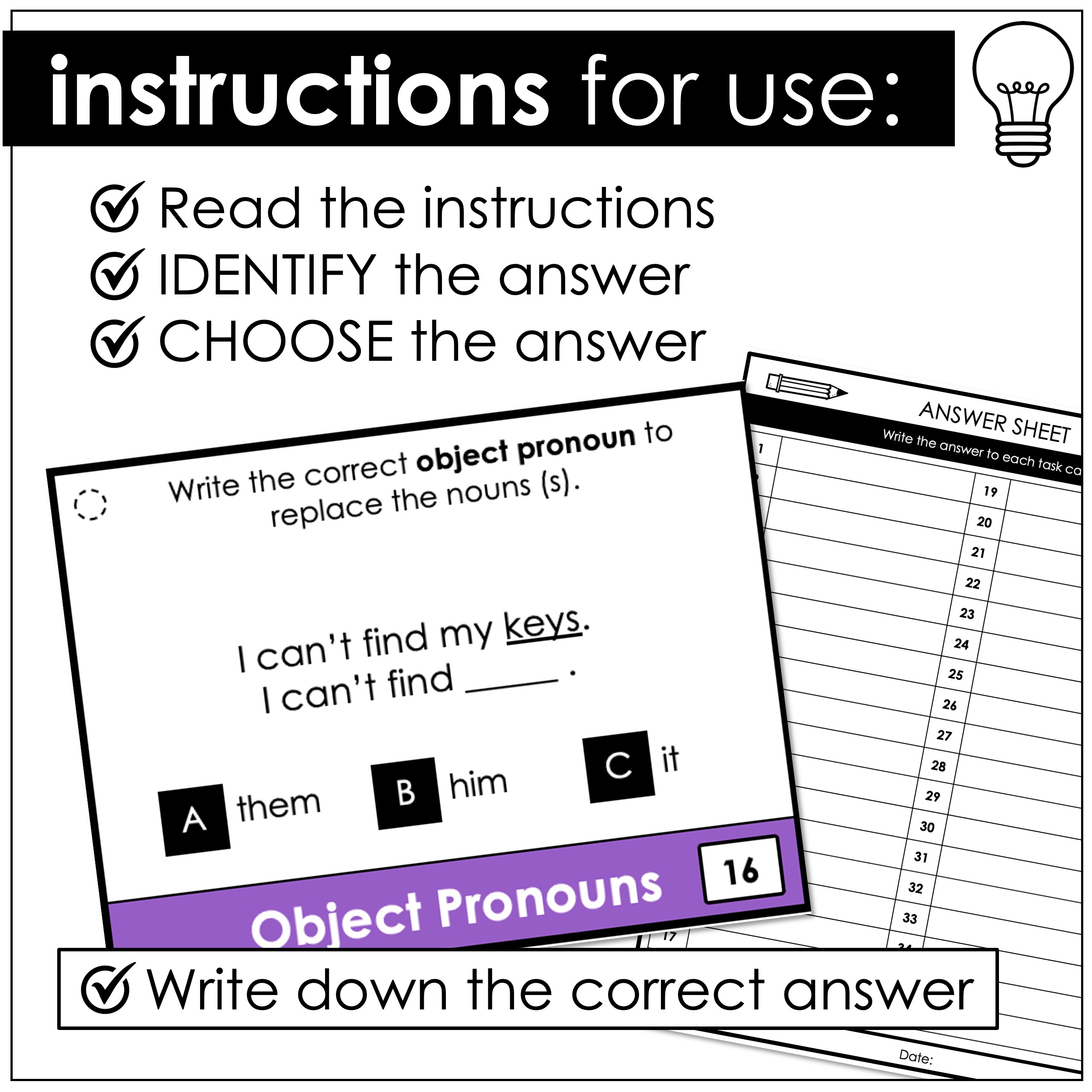 Personal Subject and Object Pronoun Task Cards ESL GRAMMAR TOOLBOX ...
