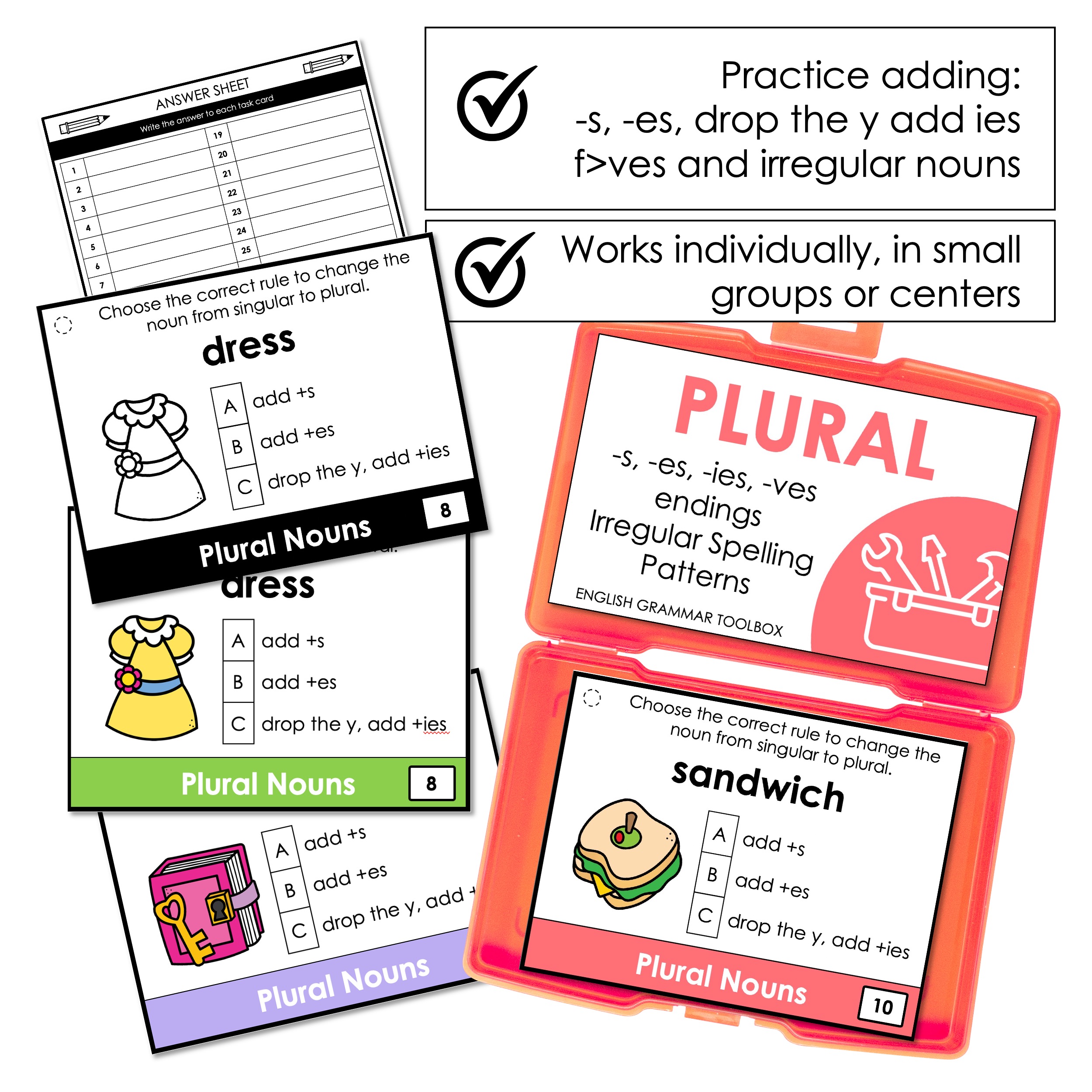 Plural Noun Spelling Rules Task Cards - Add +s +es +ies +ves GRAMMAR ...