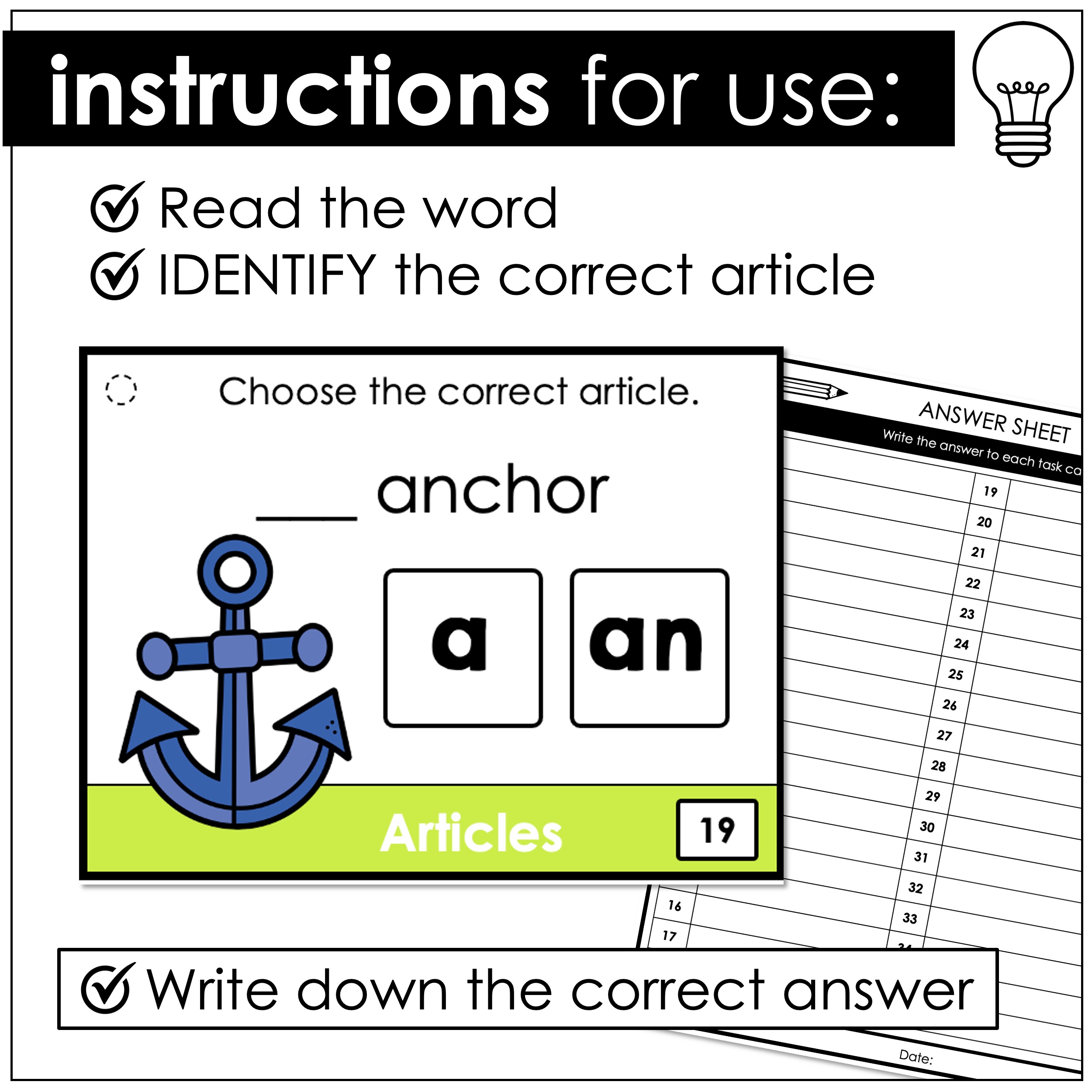 Indefinite Articles A or AN - Task Cards - ESL GRAMMAR TOOLBOX | Made ...