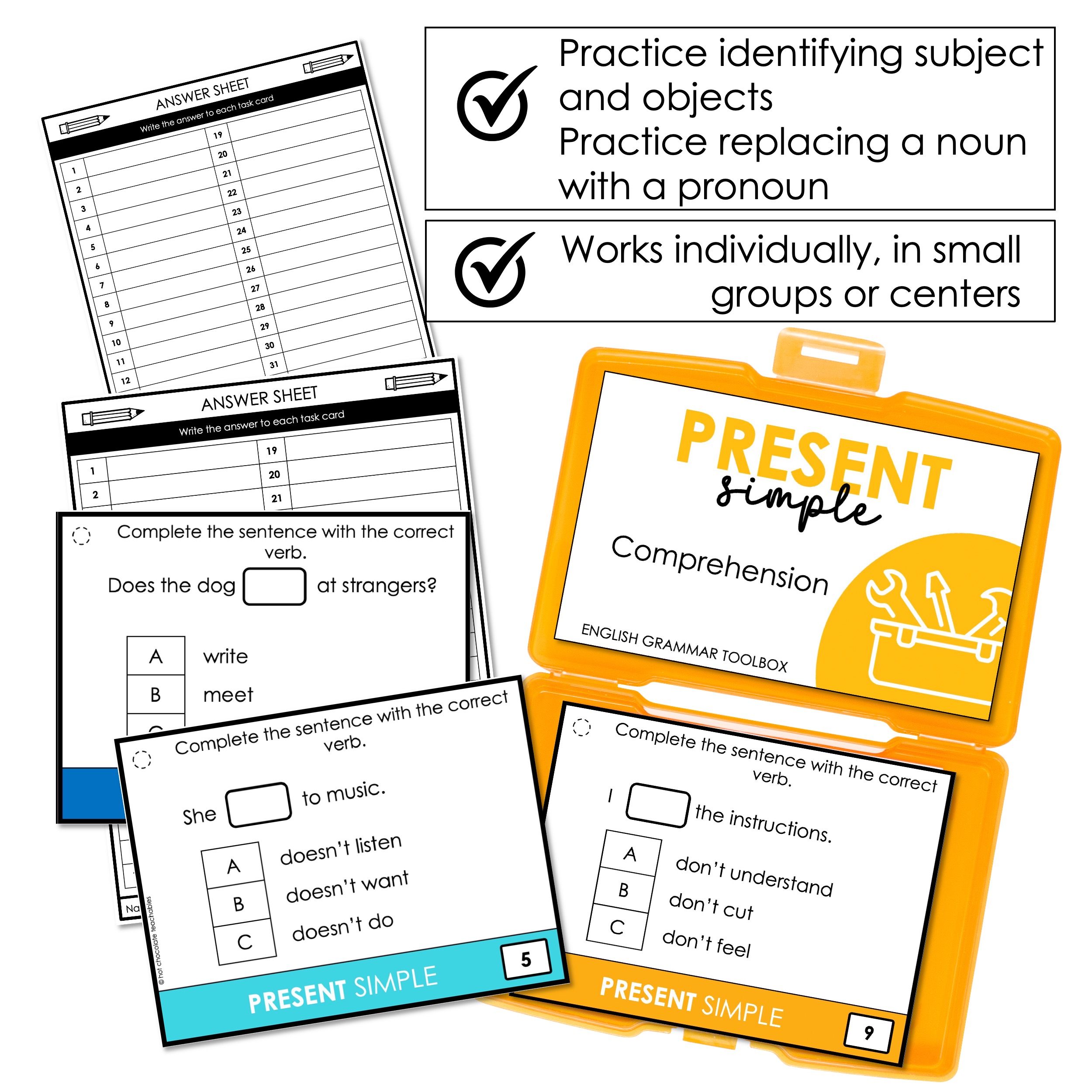 Present Simple Task Cards - Verb Choice based on Sentence Context ...
