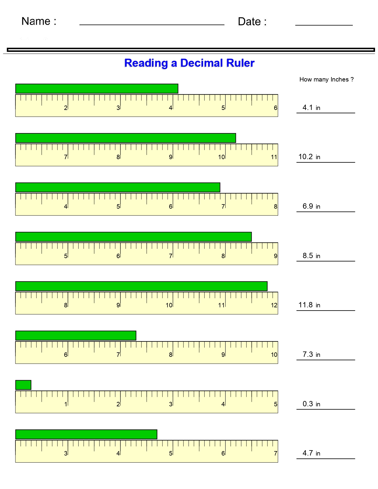 Measurement Worksheets - Reading a Decimal Ruler Worksheets | Made By ...