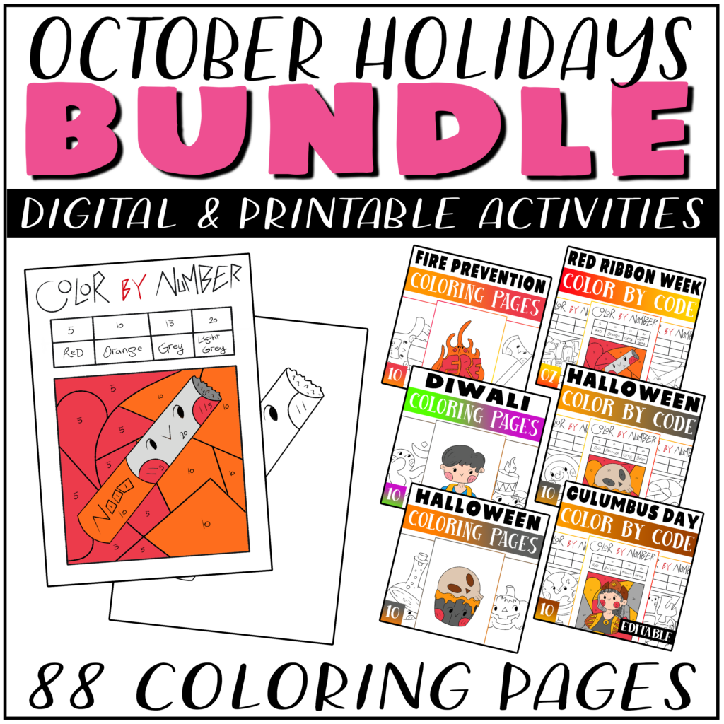 Color by Code October Bundle, Red Ribbon, Fire Prevention & Halloween ...