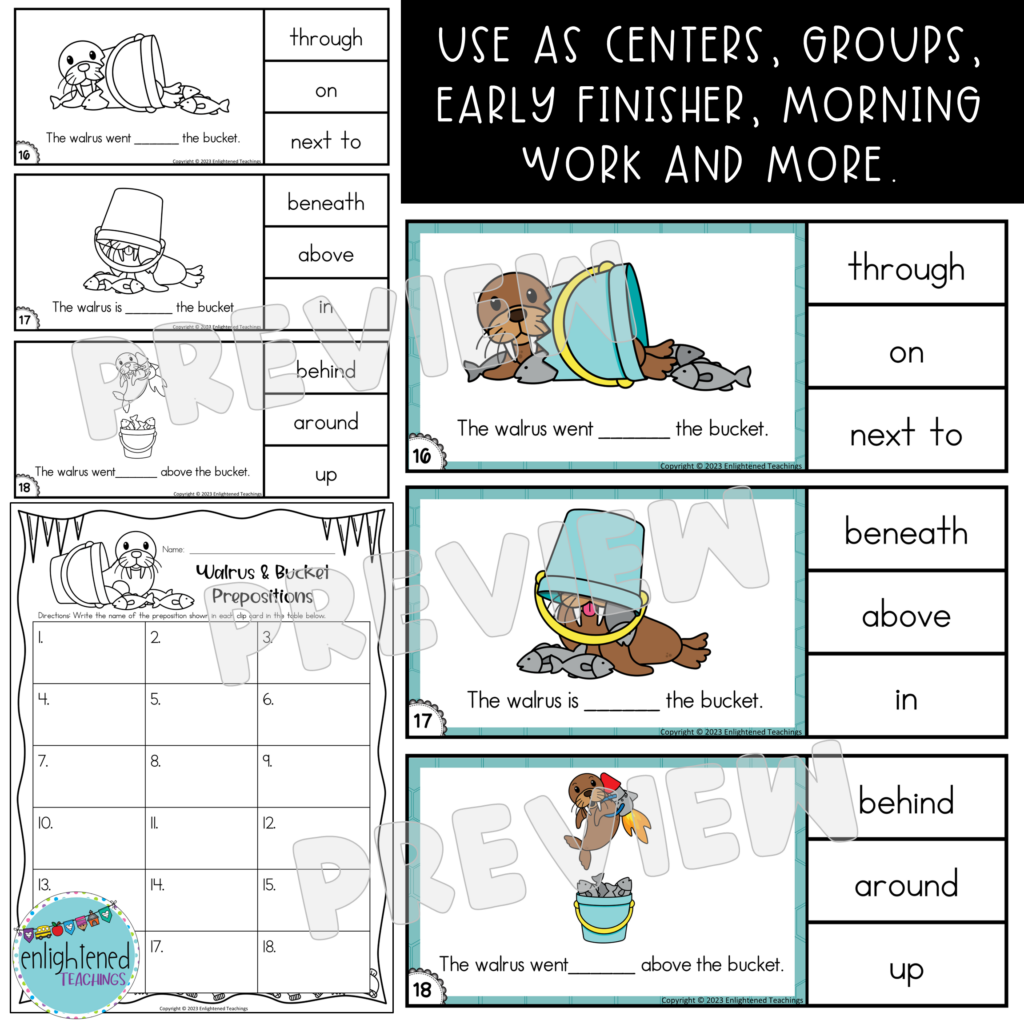 Zoo Preposition Clip Cards Task Cards Zoo Positional Words Walrus and ...