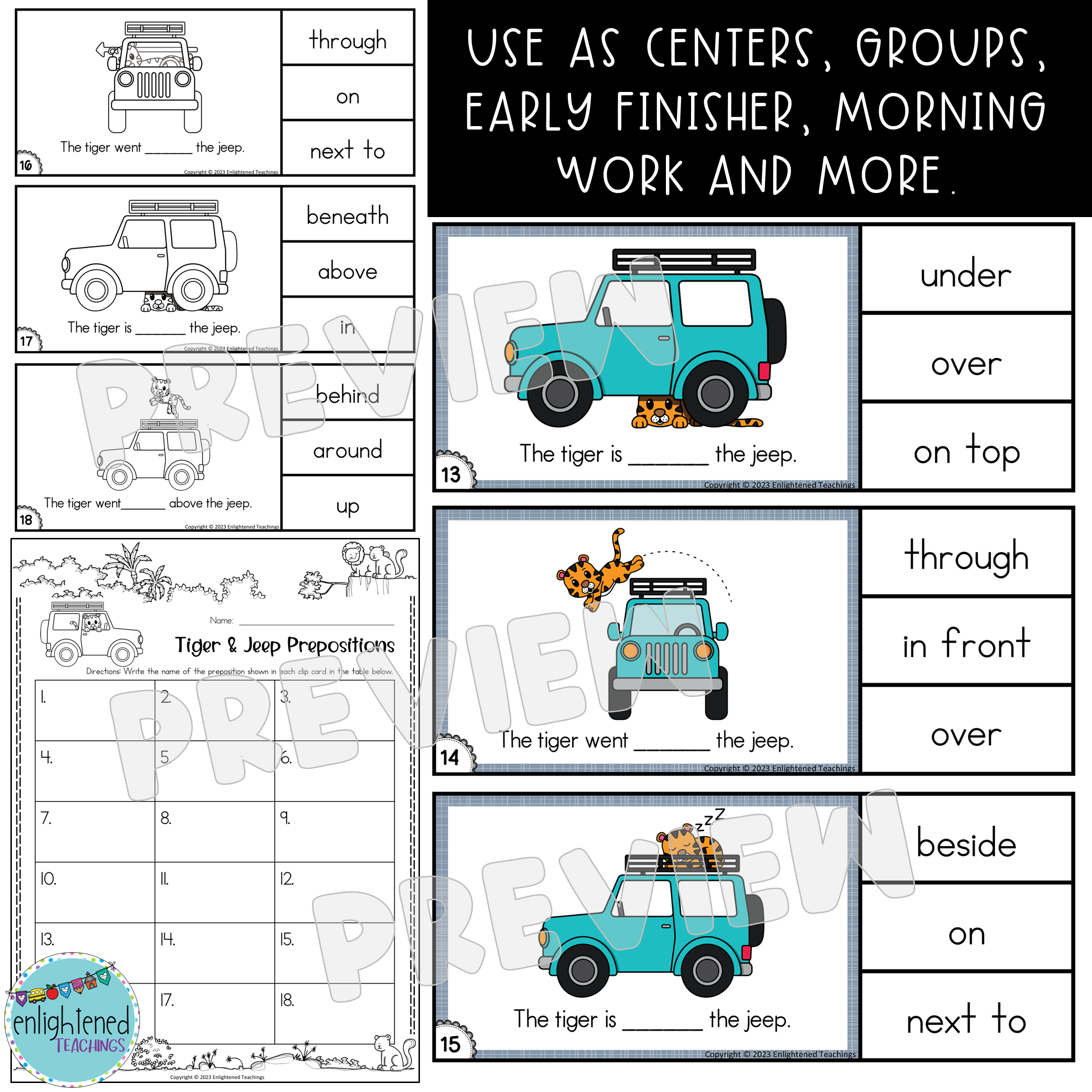 Zoo Preposition Clip Cards Task Cards Zoo Positional Words Tiger and ...