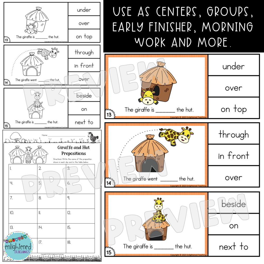 Zoo Preposition Clip Cards Task Cards Zoo Positional Words Giraffe and ...