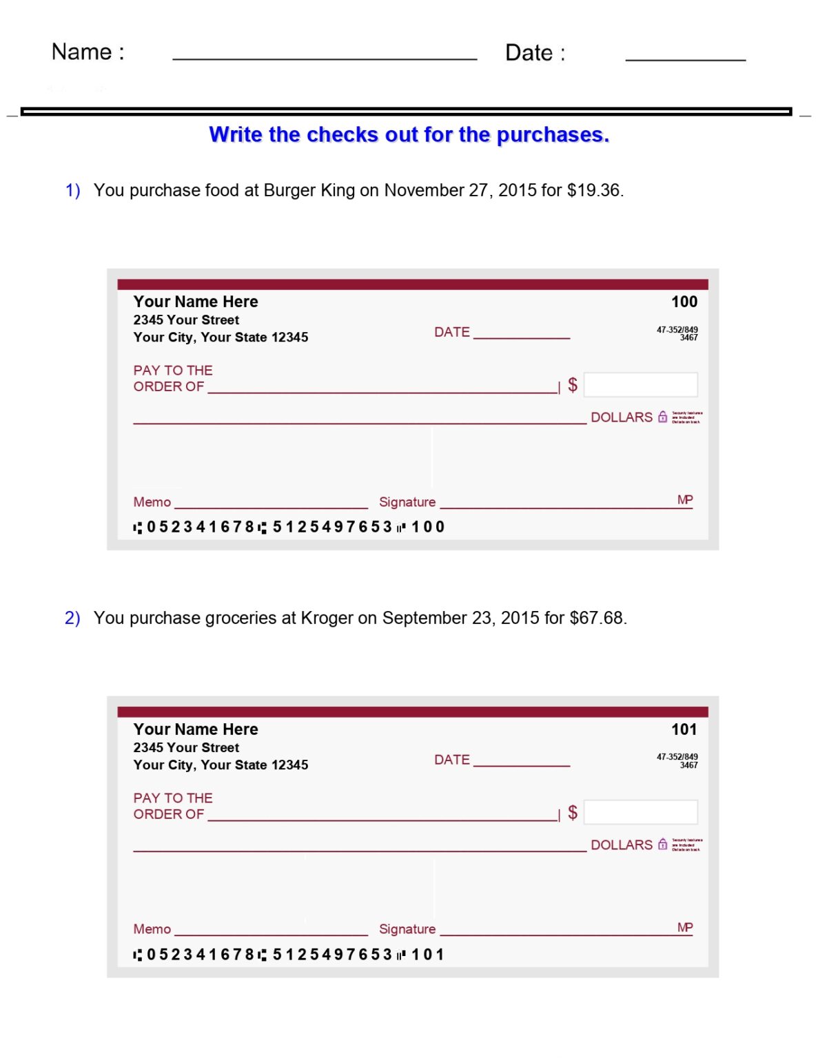 Money Worksheets - Writing a Check Worksheets | Made By Teachers
