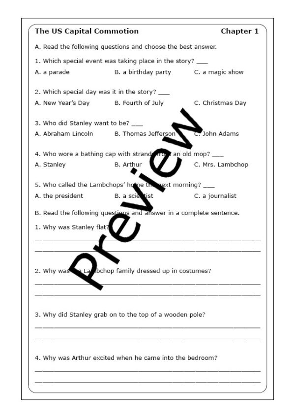 Flat Stanley "The US Capital Commotion" worksheets | Made By Teachers